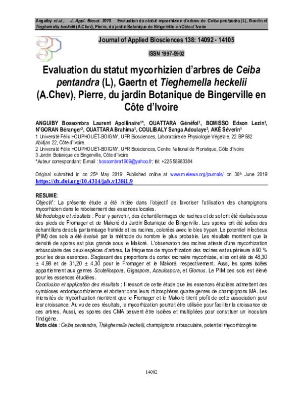 (PDF) Evaluation du statut mycorhizien d’arbres de Ceiba pentandra (L ...
