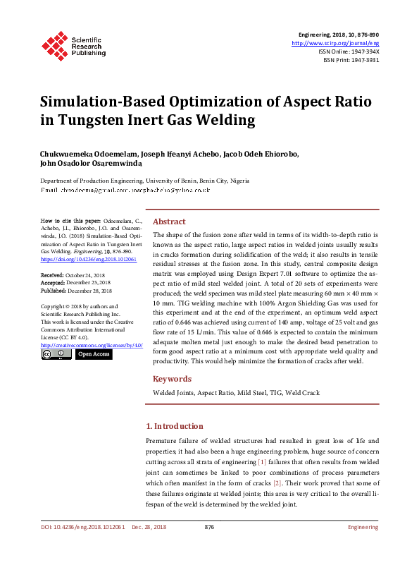 Pdf Simulation Based Optimization Of Aspect Ratio In Tungsten Inert Gas Welding Jacob