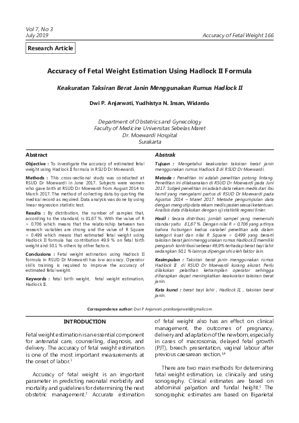 (PDF) Accuracy of Fetal Weight Estimation Using Hadlock II Formula