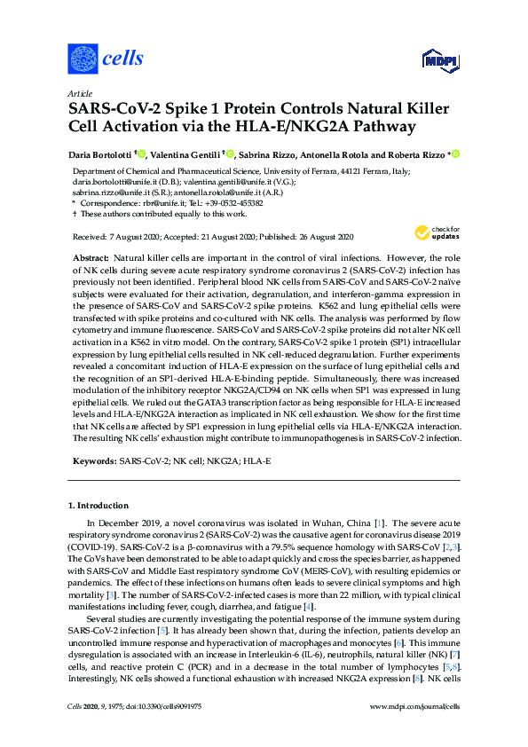 (PDF) SARS-CoV-2 Spike 1 Protein Controls Natural Killer Cell ...
