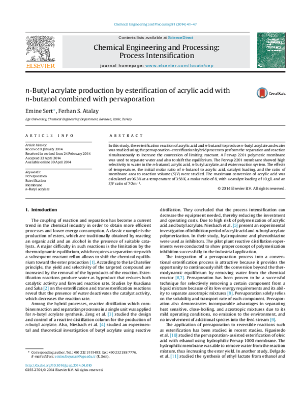 (PDF) n-Butyl acrylate production by esterification of acrylic acid ...