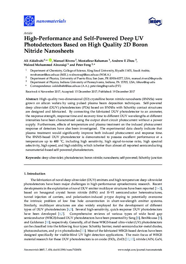 (PDF) High-Performance and Self-Powered Deep UV Photodetectors Based on High Quality 2D Boron ...