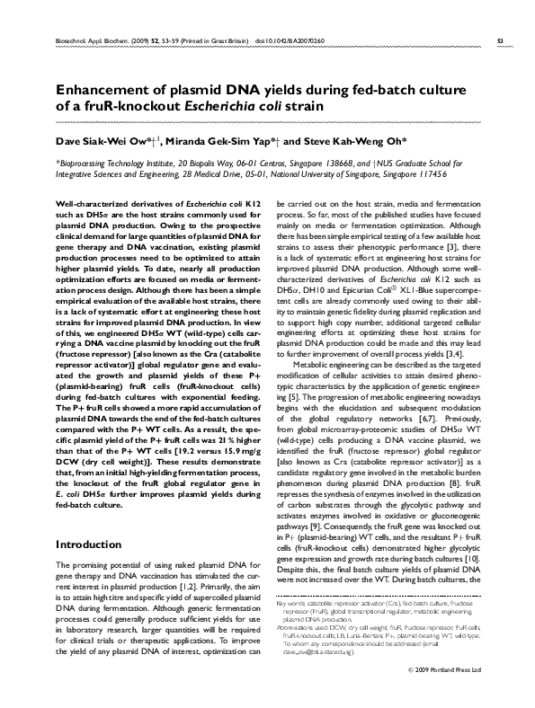 (PDF) Enhancement of plasmid DNA yields during fed-batch culture of a ...