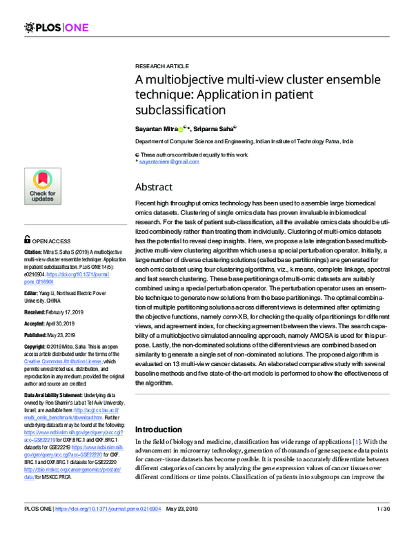 Pdf A Multiobjective Multi View Cluster Ensemble Technique Application In Patient