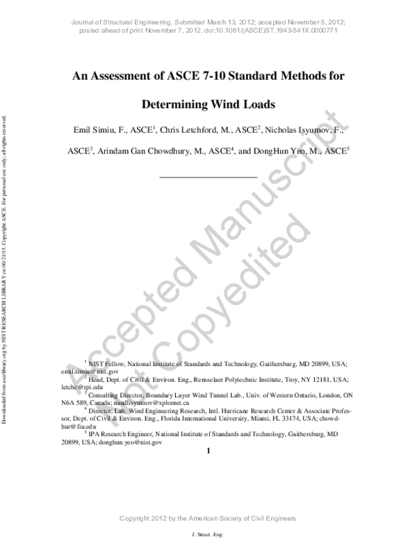 (PDF) Assessment of ASCE 7-10 Standard Methods for Determining Wind Loads