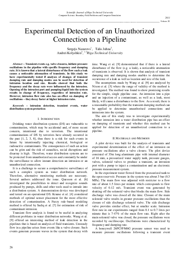 (PDF) Experimental Detection of an Unauthorized Connection to a Pipeline