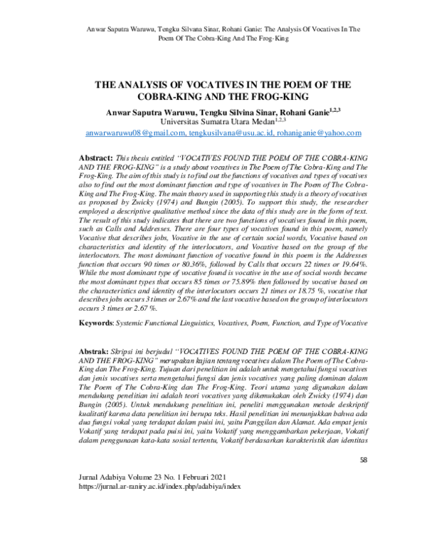 (PDF) The Analysis of Vocatives in the Poem of the Cobra-King and the ...