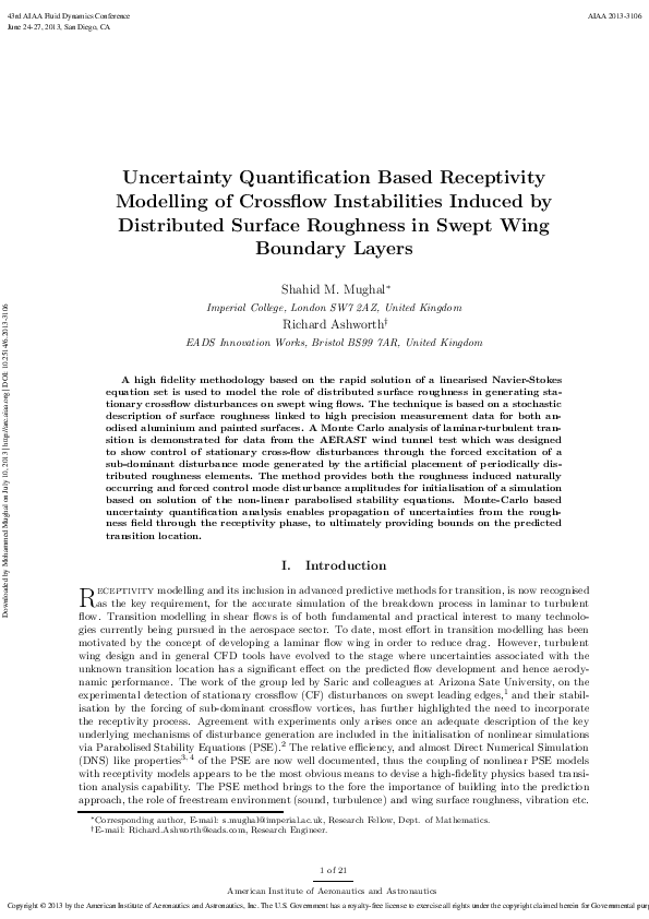 (PDF) Uncertainty Quantification Based Receptivity Modelling of Crossflow Instabilities Induced ...