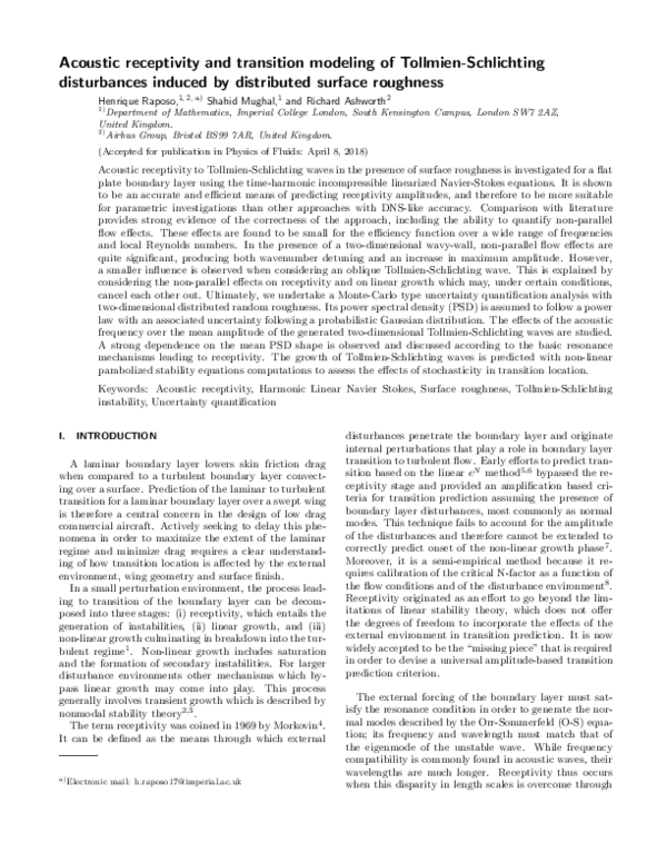 (PDF) Acoustic receptivity and transition modeling of Tollmien-Schlichting disturbances induced ...