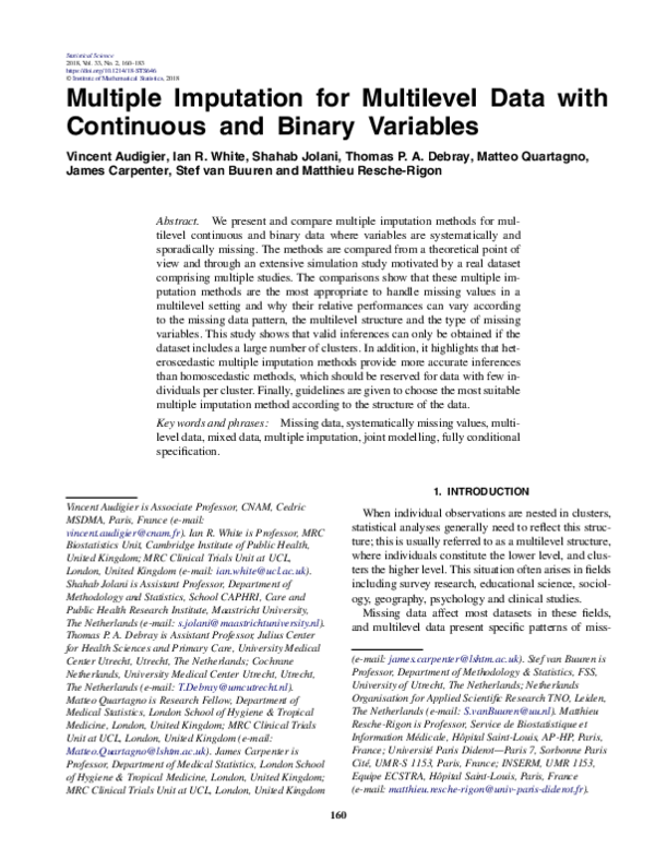 (PDF) Multiple Imputation for Multilevel Data with Continuous and Binary Variables