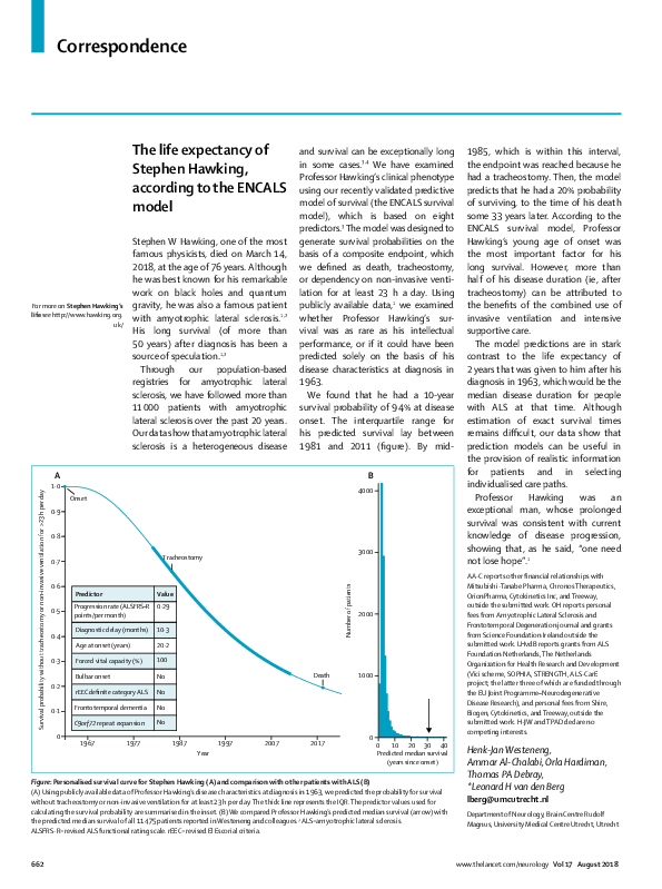 (PDF) The life expectancy of Stephen Hawking, according to the ENCALS model
