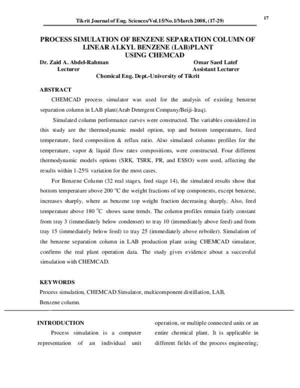 (PDF) Process Simulation of Benzene Separation Column of Linear Alkyl ...