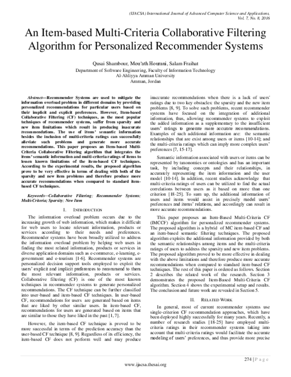 Pdf An Item Based Multi Criteria Collaborative Filtering Algorithm