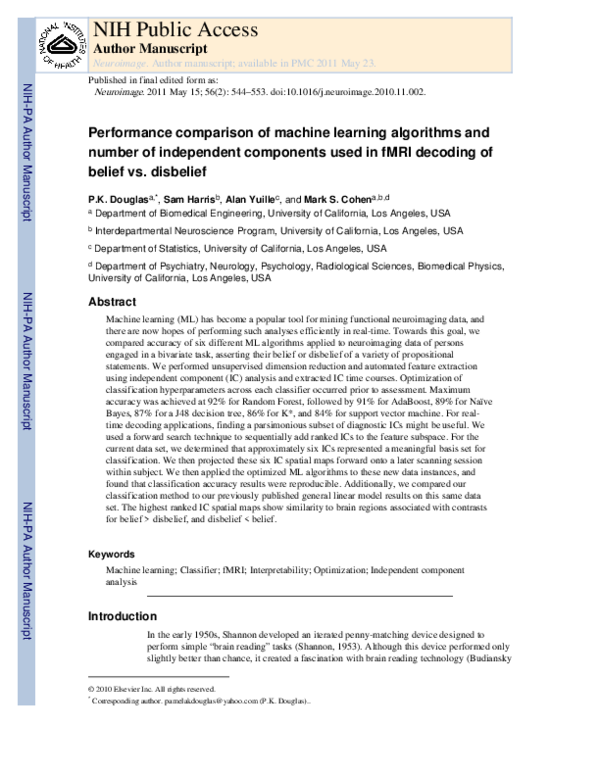 (PDF) Performance comparison of machine learning algorithms and number of independent components ...