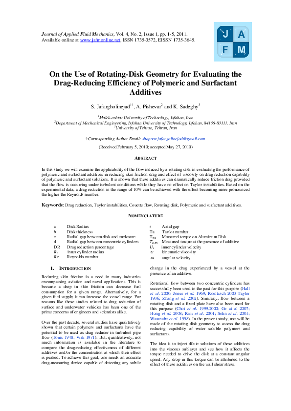 (PDF) JAFM-On the Use of Rotating-Disk Geometry for Evaluating the