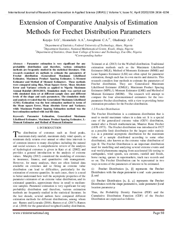 (PDF) Extension of Comparative Analysis of Estimation Methods for Frechet Distribution Parameters