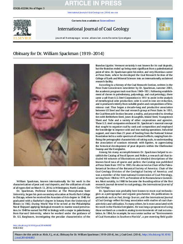 (PDF) Obituary for Dr. William Spackman (1919–2014) | Lynn Brant ...