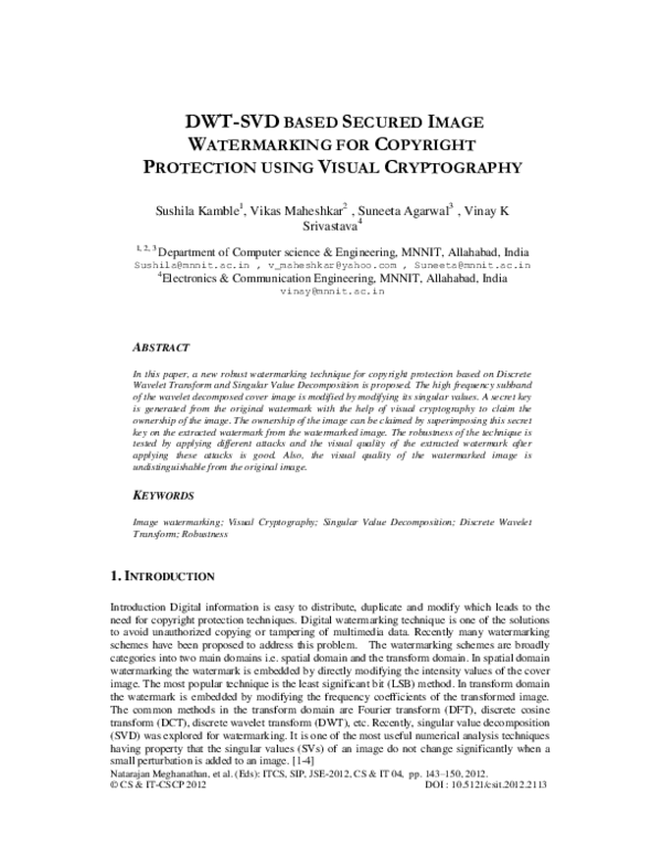 Pdf Dwt Svd Based Secured Image Watermarking For Copyright Protection Using Visual Cryptography