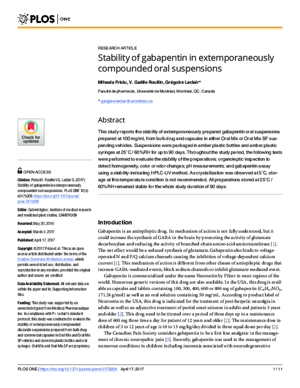 (PDF) Stability of gabapentin in extemporaneously compounded oral ...