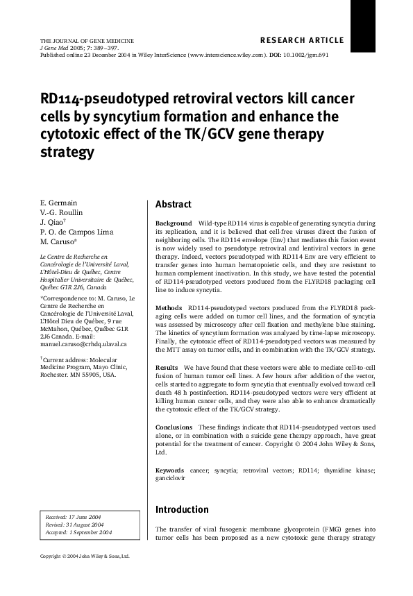 (PDF) RD114-pseudotyped retroviral vectors kill cancer cells by ...