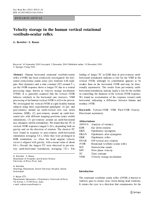 (PDF) Velocity storage in the human vertical rotational vestibulo ...
