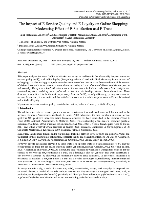 (PDF) The Impact of E-Service Quality and E-Loyalty on Online Shopping: Moderating Effect of E ...