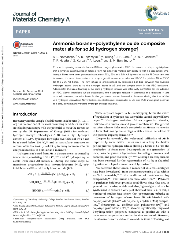 (PDF) Ammonia borane–polyethylene oxide composite materials for solid ...