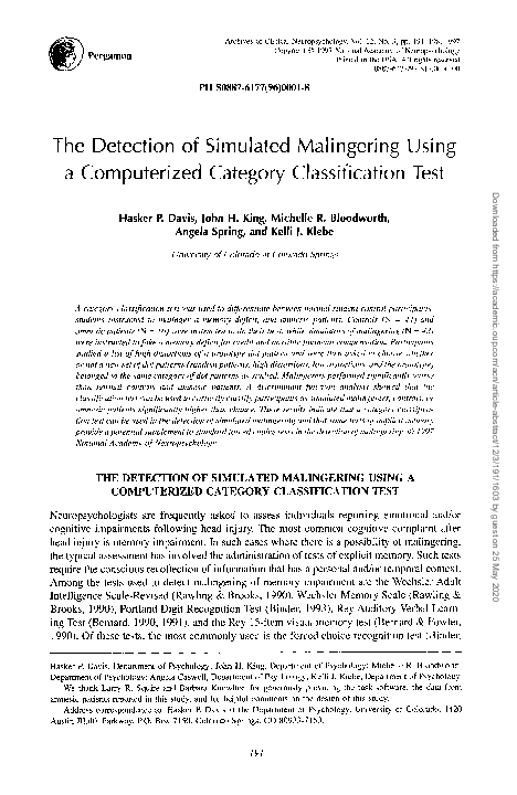 (PDF) The detection of simulated malingering using a computerized ...