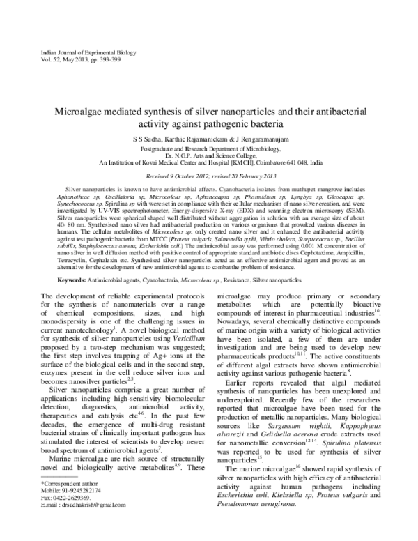 (PDF) S.S.Sudha, Karthic Rajamanickam and Renga ramanujam. Microalgae mediated synthesis of ...