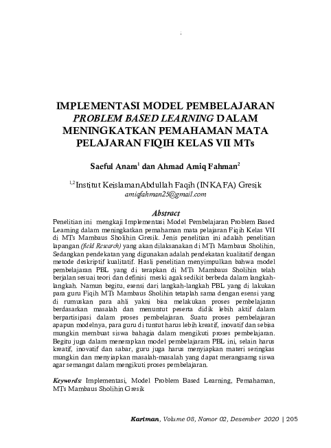 (PDF) Implementasi Model Pembelajaran Problem Based Learning dalam Meningkatkan Pemahaman Mata ...