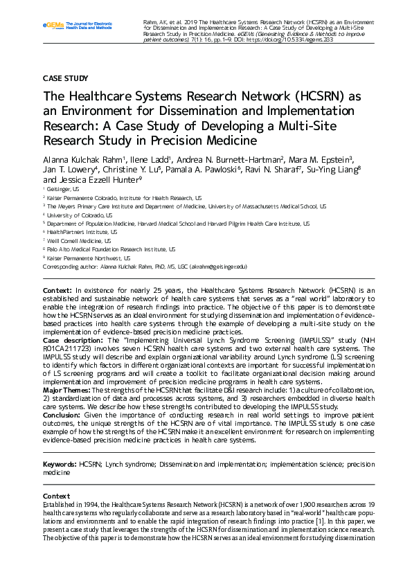(PDF) The Healthcare Systems Research Network (HCSRN) as an Environment ...