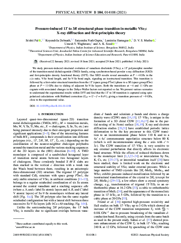 (PDF) Pressure-induced 1T to 3R structural phase transition in metallic VSe2 : X-ray diffraction ...
