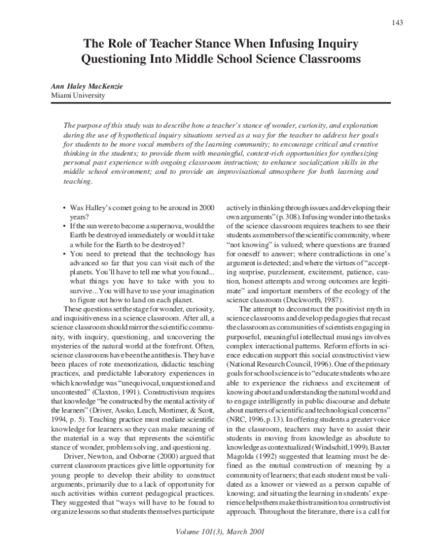 (PDF) The Role of Teacher Stance When Infusing Inquiry Questioning Into ...