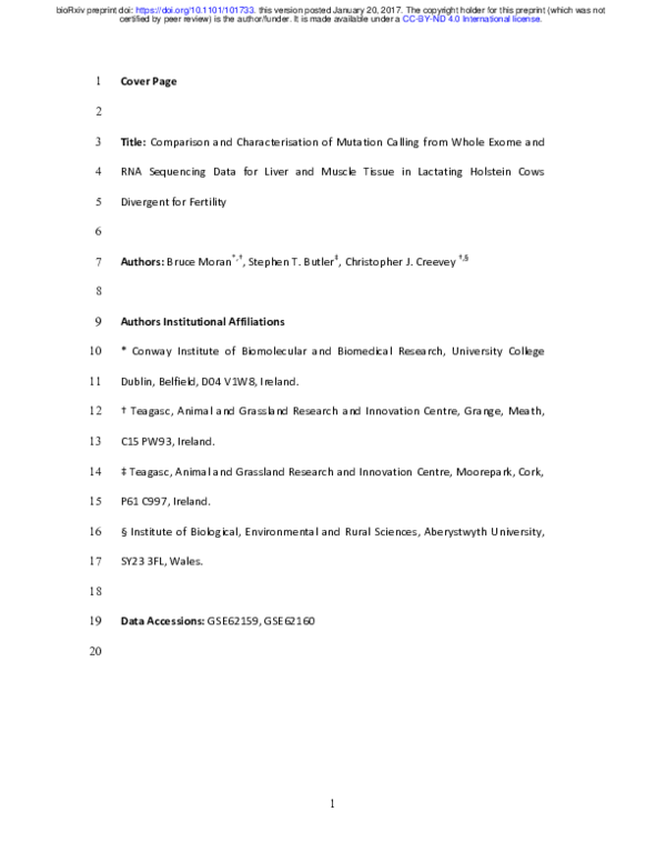 Pdf Comparison And Characterisation Of Mutation Calling From Whole Exome And Rna Sequencing