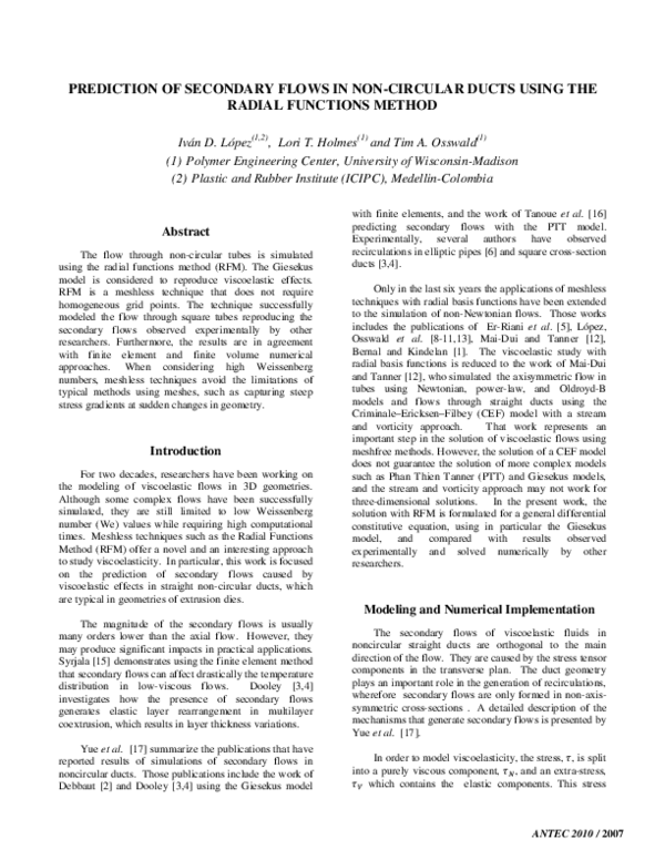 Pdf Prediction Of Secondary Flows In Non Circular Ducts Using The Radial Functions Method