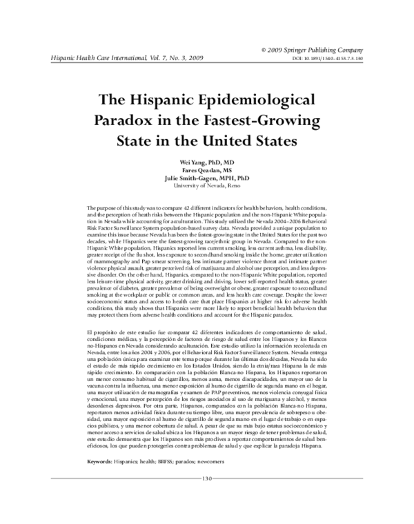 (PDF) The Hispanic Epidemiological Paradox in the Fastest-Growing State ...
