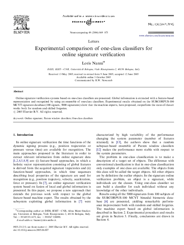Pdf Experimental Comparison Of One Class Classifiers For Online Signature Verification