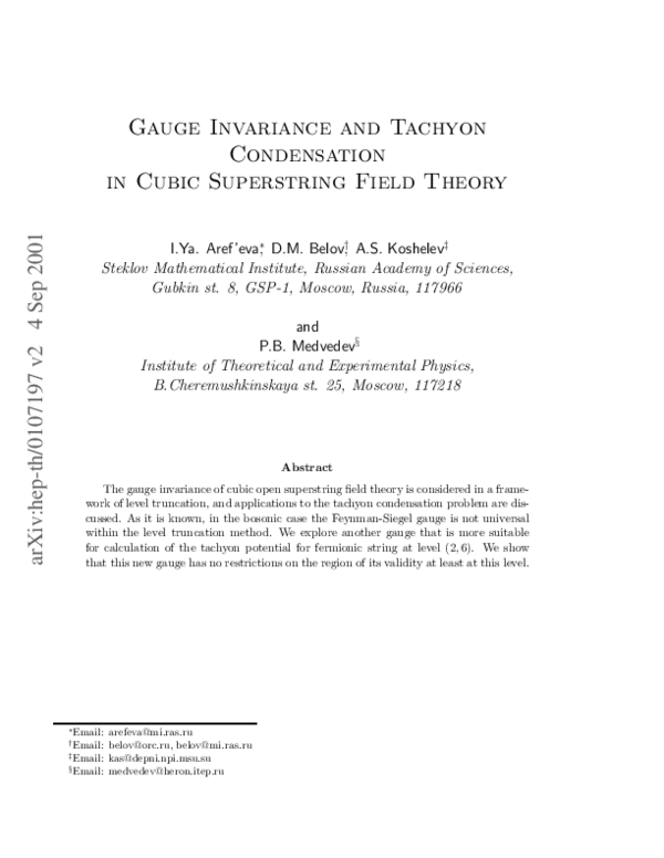 (PDF) Gauge invariance and tachyon condensation in cubic superstring field theory