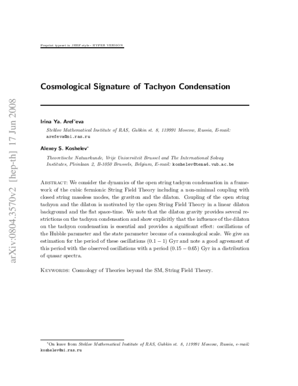 (PDF) Cosmological signature of tachyon condensation