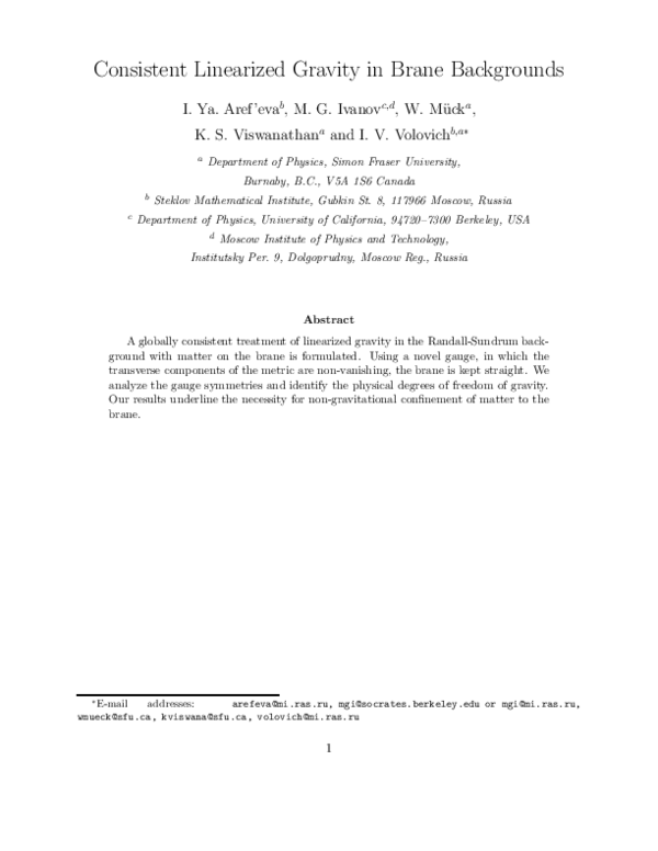 (PDF) Consistent linearized gravity in brane backgrounds | Irina Aref'eva - Academia.edu