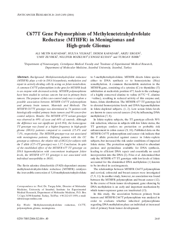 (PDF) C677T gene polymorphism of methylenetetrahydrofolate reductase (MTHFR) in meningiomas and ...