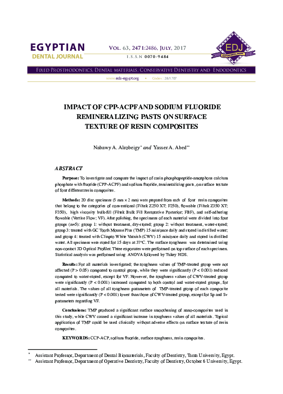 (PDF) Impact of CPP-Acpf and Sodium Fluoride Remineralizing Pasts on Surface Texture of Resin ...