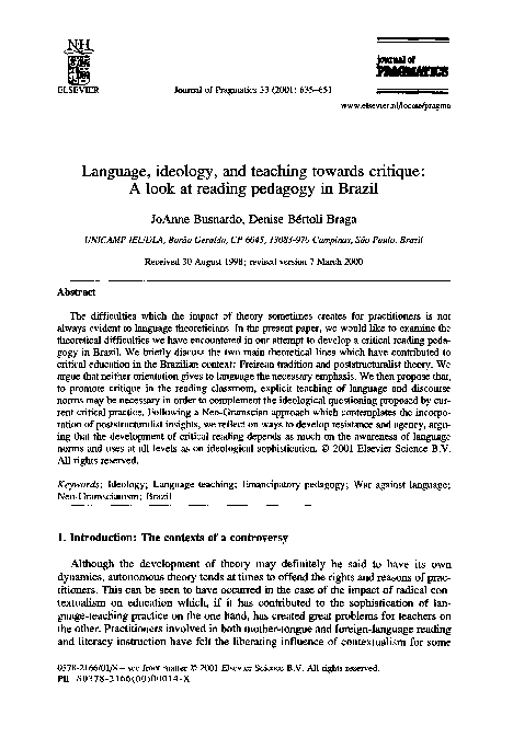 (PDF) Language, ideology, and teaching towards critique: a look at reading pedagogy in Brazil