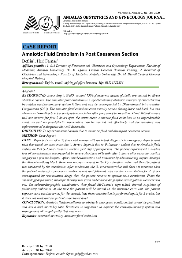 (PDF) Amniotic Fluid Embolism in Post Caesarean Section