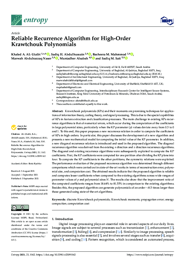 (PDF) Reliable Recurrence Algorithm for High-Order Krawtchouk Polynomials