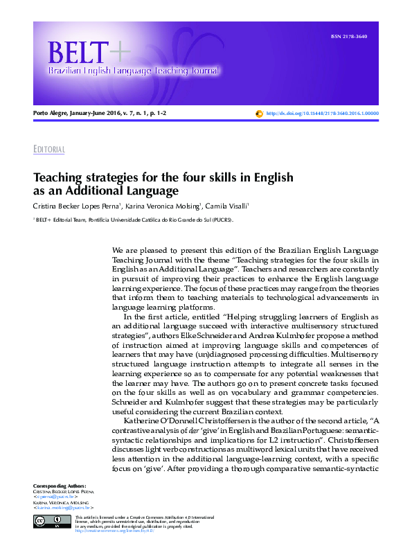 (PDF) Teaching strategies for the four skills in English as an ...
