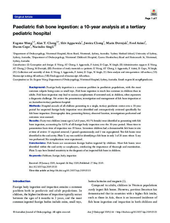 (PDF) Paediatric fish bone ingestion: a 10-year analysis at a tertiary ...