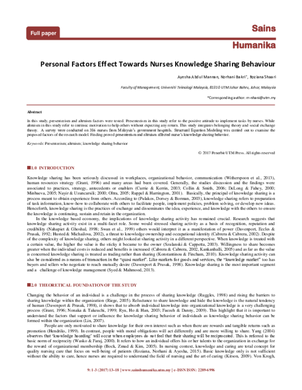 (PDF) Personal Factors Effect Towards Nurses Knowledge Sharing Behaviour