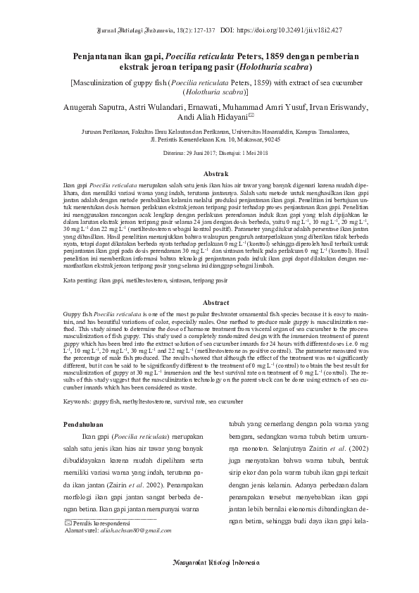 (PDF) Penjantanan ikan gapi, Poecilia reticulata Peters, 1859 dengan pemberian ekstrak jeroan ...