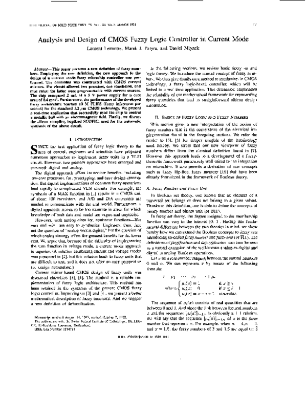 (PDF) Analysis and design of CMOS fuzzy logic controller in current mode